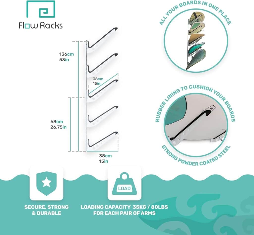 Flow Racks 5 Board Surf Rack Adjustable Wall Mount for Surfboard ...